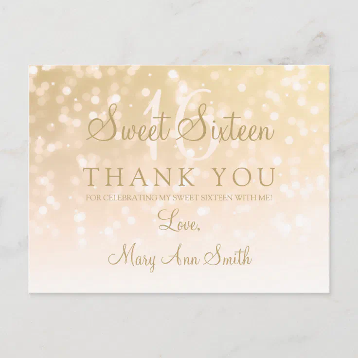 Thank You Note Sweet 16 Gold Bokeh Sparkle Lights Postcard | Zazzle