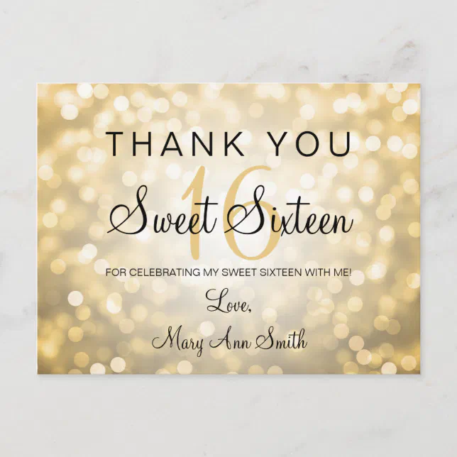 Thank You Note Sweet 16 Gold Glitter Lights Postcard | Zazzle