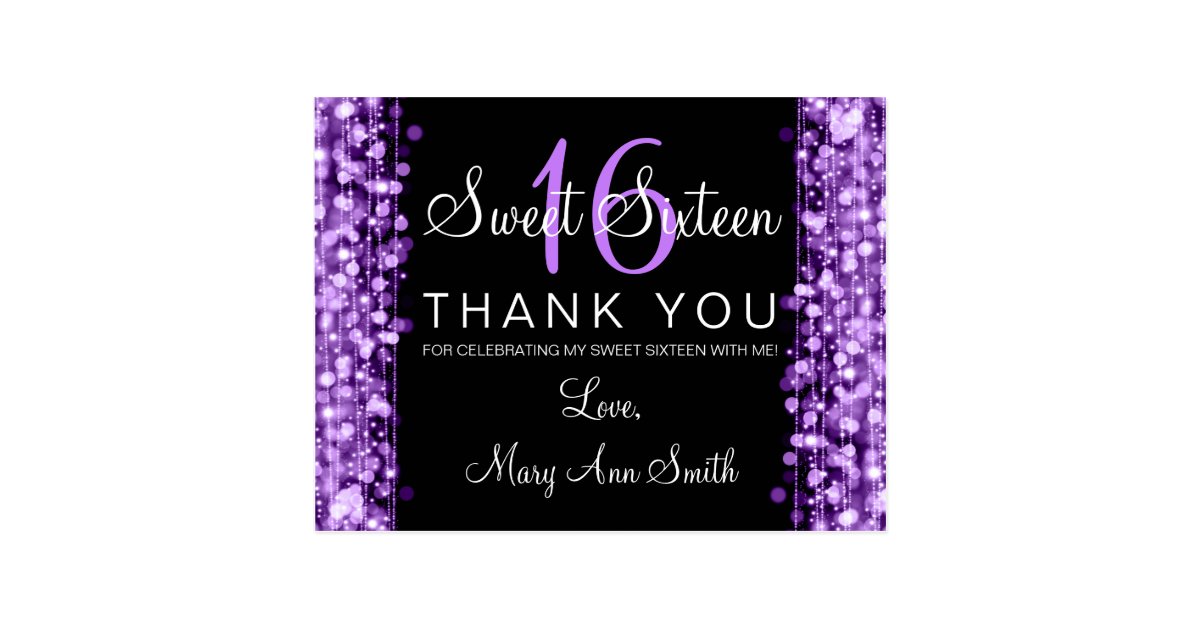 Thank You Note Sweet 16 Party Sparkles Purple Postcard | Zazzle.com