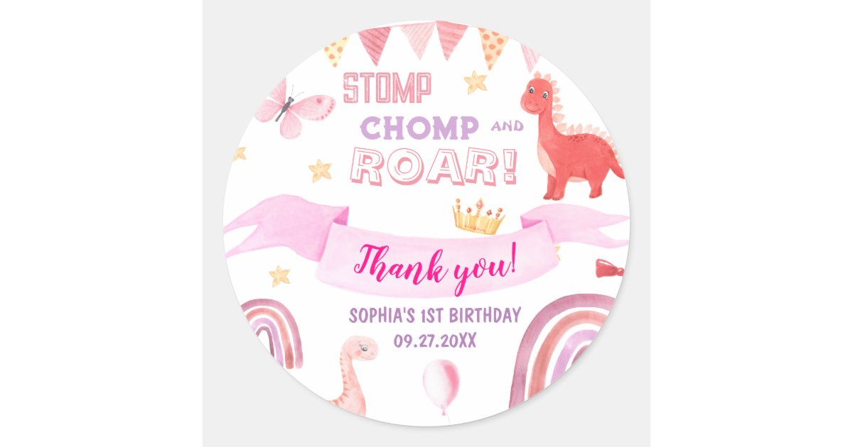 Thank you Pink Baby Dinasaur Kids Birthday Party Classic Round Sticker ...