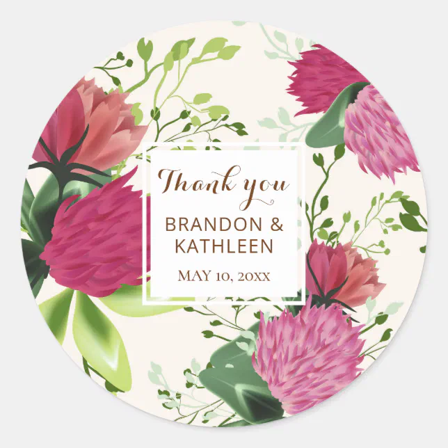 Thank You Pink & Red Clover Floral Wedding Classic Round Sticker | Zazzle