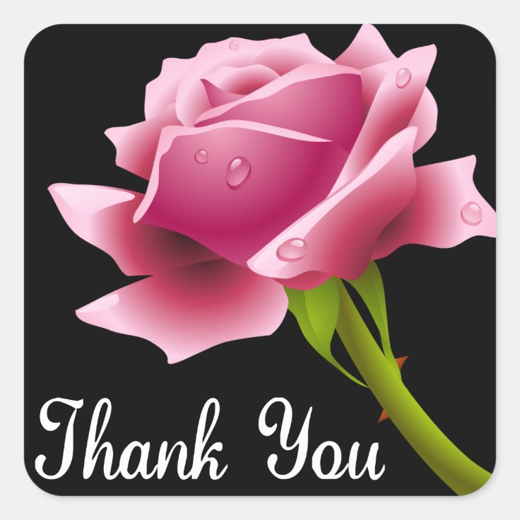 Thank You Pink Rose Thank You Black Sticker / Seal | Zazzle