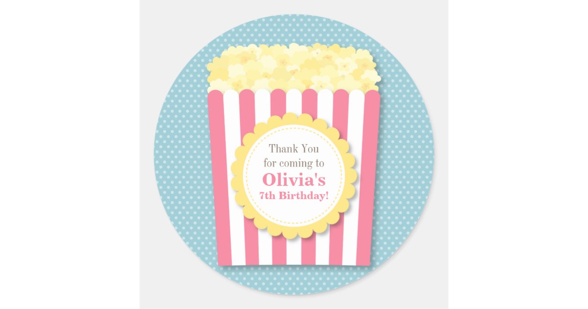 Thank You Popcorn Kids Birthday Party Stickers | Zazzle