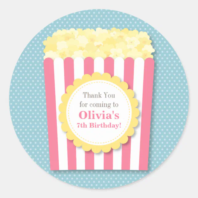 Thank You Popcorn Kids Birthday Party Stickers | Zazzle