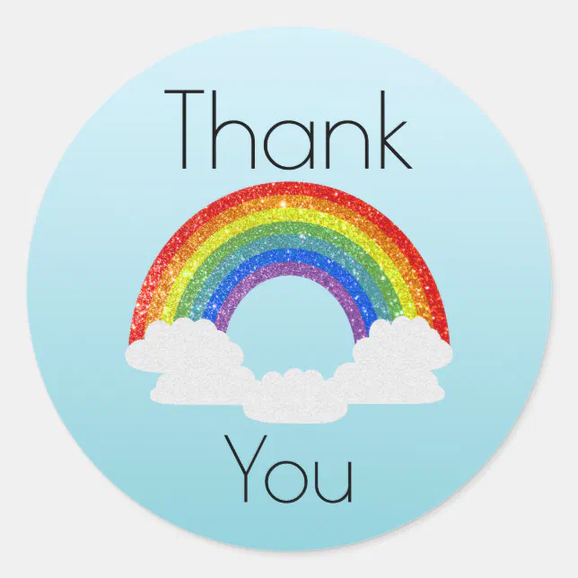 Thank You Rainbow Glitter on Blue Gradient Classic Round Sticker | Zazzle