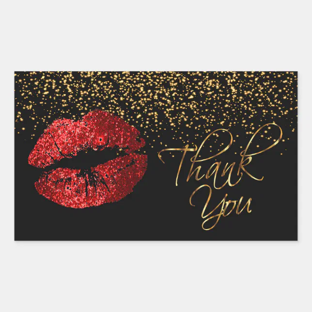 Thank You - Red Lips with Gold Confetti Rectangular Sticker | Zazzle