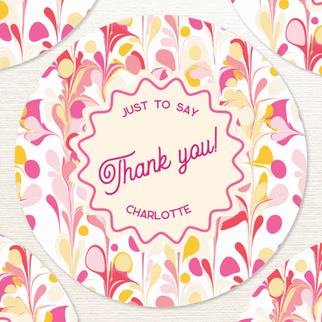 Thank You Retro Abstract Pink Wavy Personalized Classic Round Sticker ...
