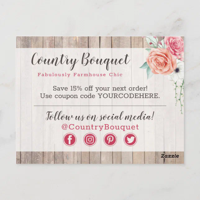 Thank You Rustic Wood Country Farmhouse Roses Postcard | Zazzle