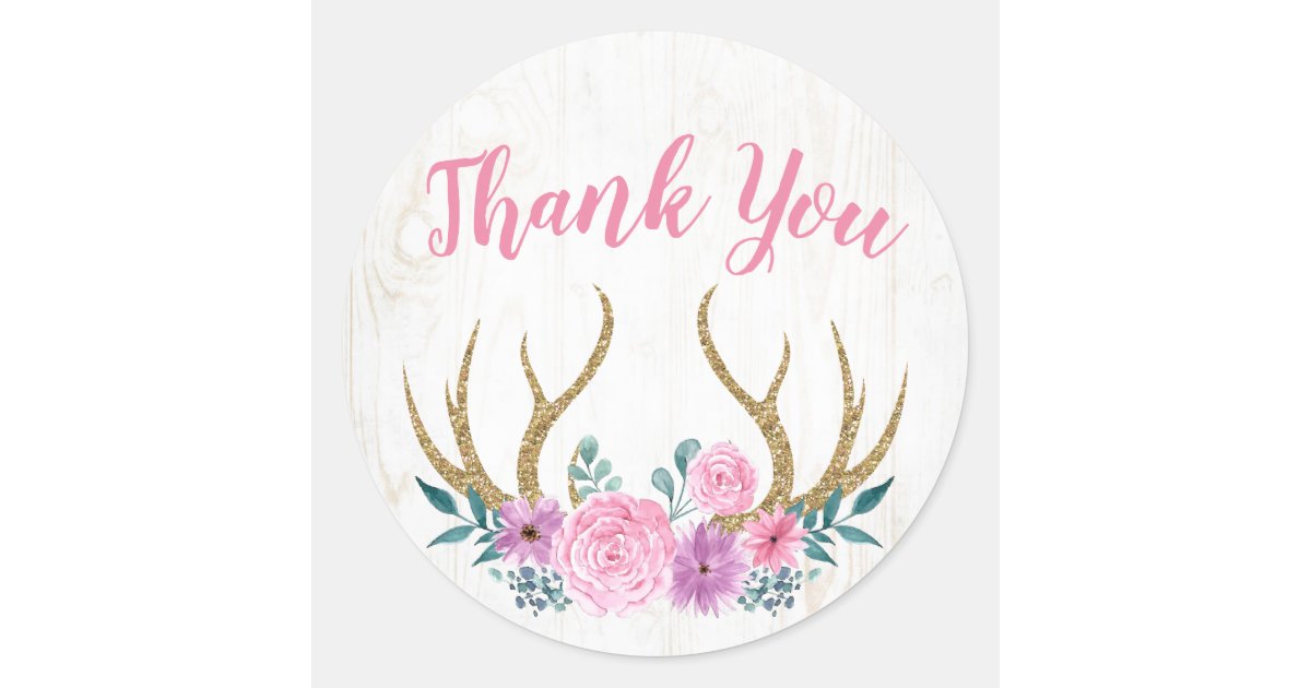 Thank You Rustic Wood & Watercolor Floral Antlers Classic Round Sticker ...