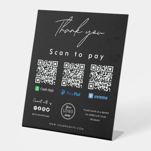 Thank you Scan to Pay Logo QR Code Pay Here Black Pedestal Sign | Zazzle