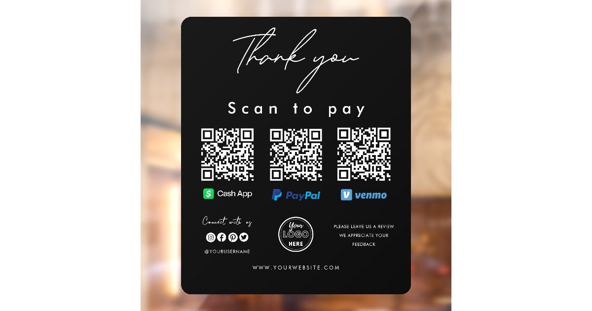 Thank you Scan to Pay Logo QR Code Pay Here Black Window Cling | Zazzle