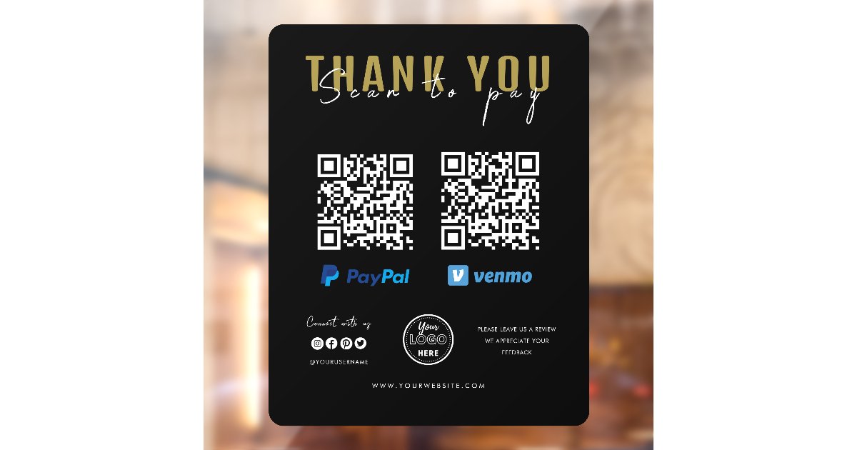 Thank you Scan to Pay Logo QR Code Payment Black Window Cling | Zazzle