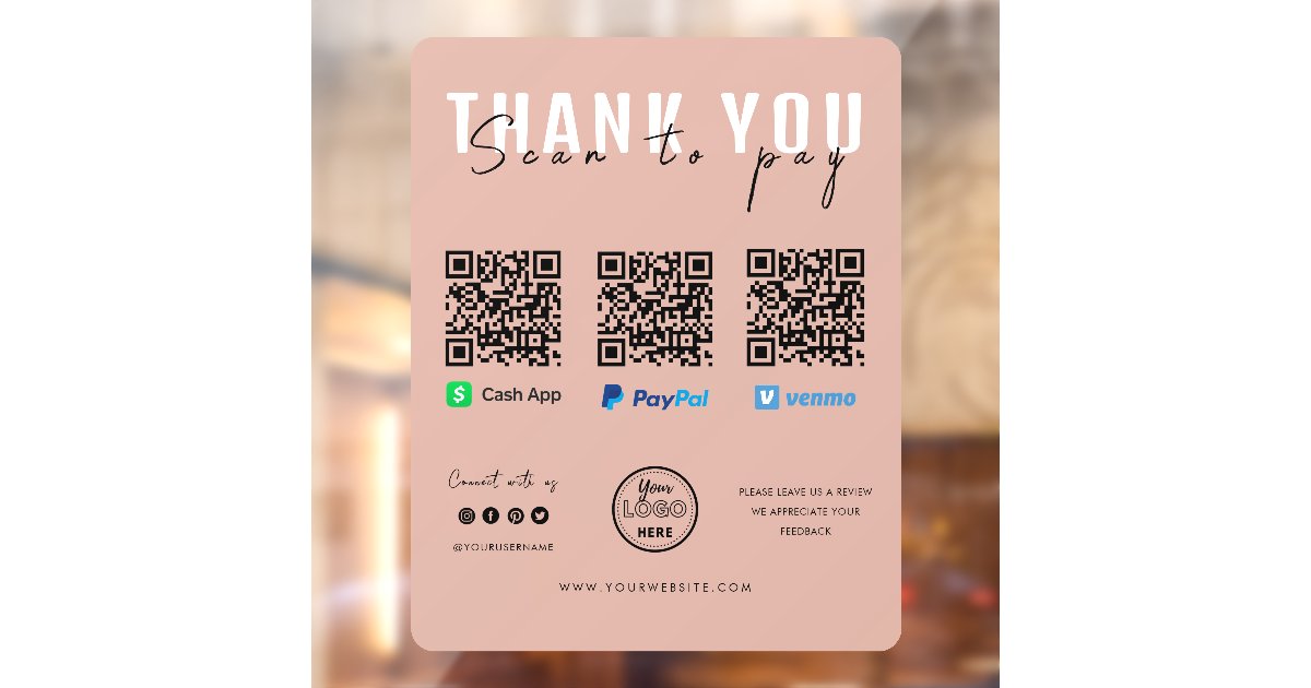 Thank you Scan to Pay Logo QR Code Payment Pink Window Cling | Zazzle