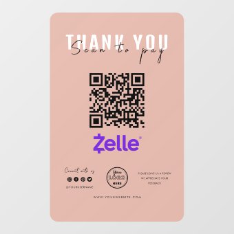 Thank you Scan to Pay Logo QR Code Zelle Pink Window Cling | Zazzle