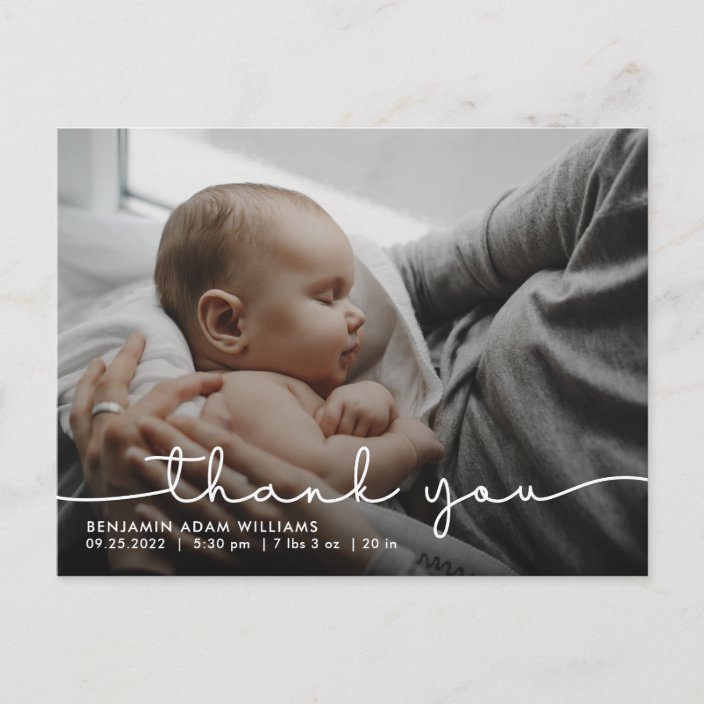 Thank You Script Baby Birth Announcement Postcard | Zazzle.com