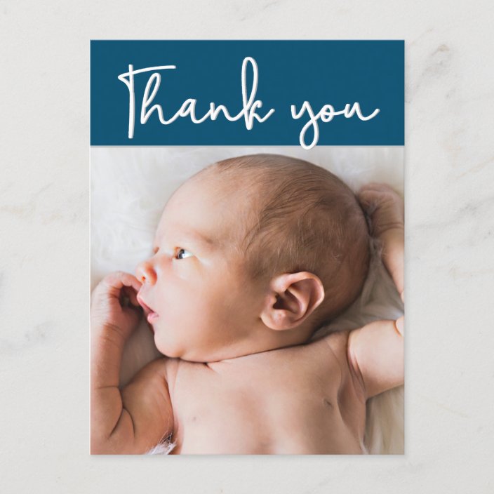 Thank you Script Modern blue Baby Photo Birth Announcement Postcard ...