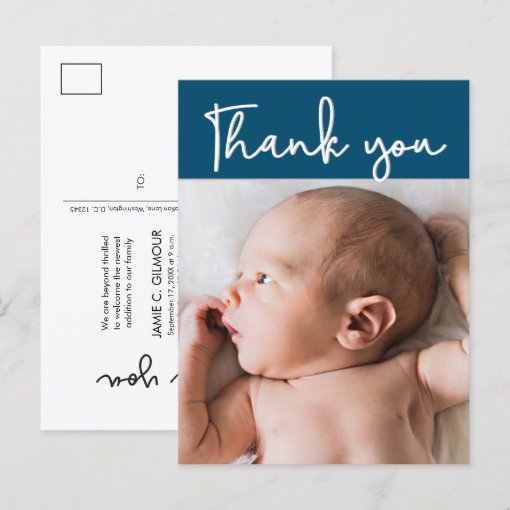Thank you Script Modern blue Baby Photo Birth Announcement Postcard ...