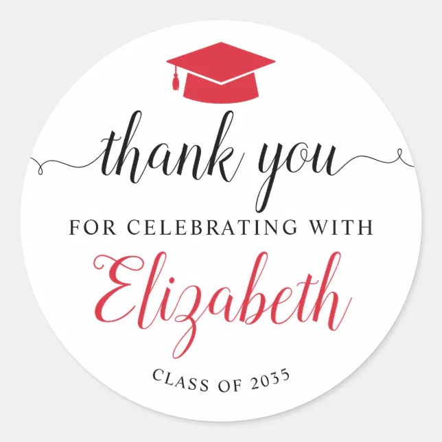 Thank You Script Red Grad Graduation Party Favor Classic Round Sticker ...