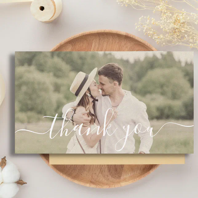 thank you simple script wedding photo note card | Zazzle