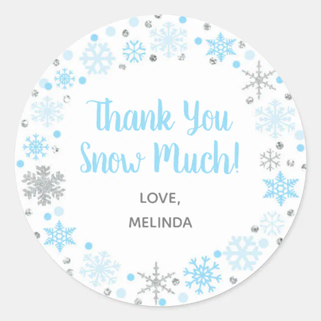 Thank You Snow Much Favor Sticker Blue & Silver | Zazzle
