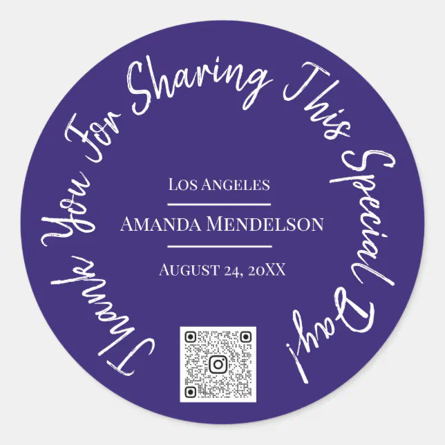 Thank You Special Day QR Code Logo Blue Classic Round Sticker | Zazzle