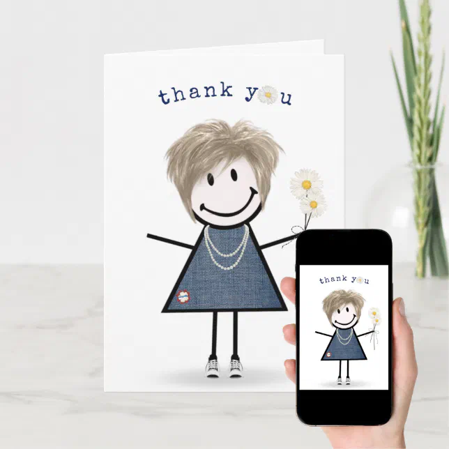 Thank You Stick Figure Girl with Daisies Card | Zazzle
