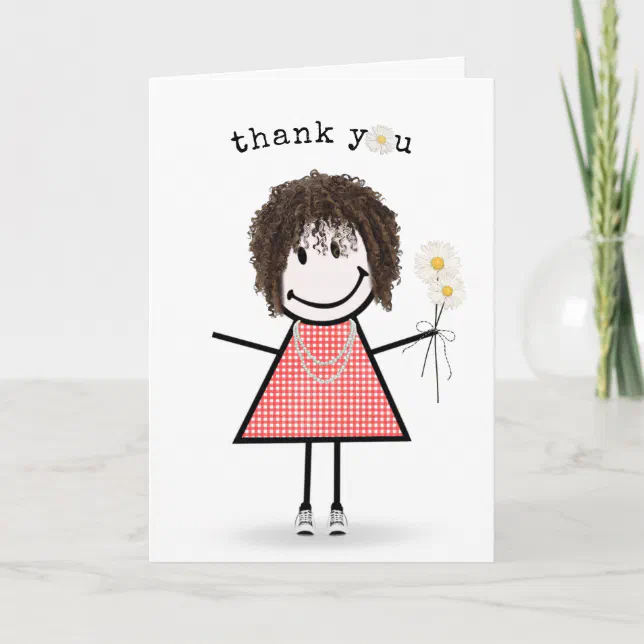 Thank You Stick Figure Girl with Daisies Card | Zazzle