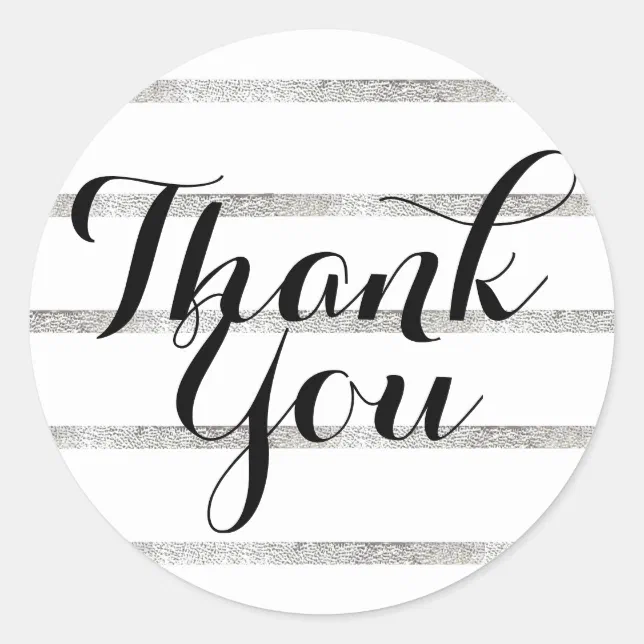Thank You Sticker Faux Silver Leaf Cursive Black | Zazzle