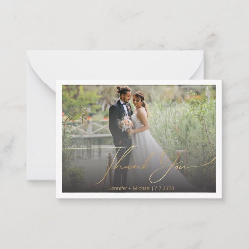thank you stylish gold handwriting wedding photo note card | Zazzle