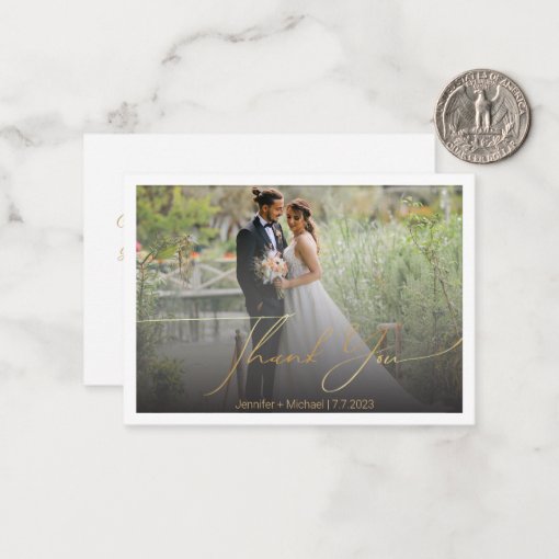 thank you stylish gold handwriting wedding photo note card | Zazzle