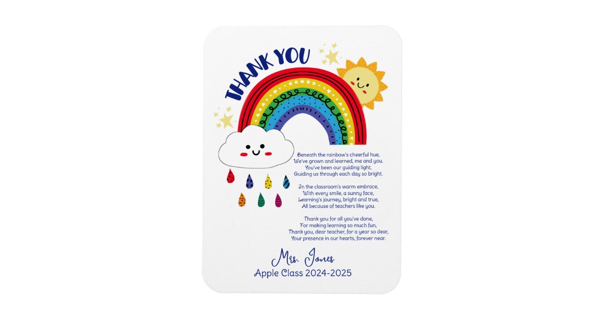 thank you teacher Appreciation rainbow cloud poem Magnet | Zazzle