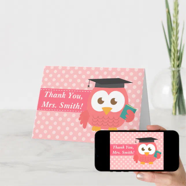 Thank You Teacher, Teacher Owl, Pink Polka Dots Card | Zazzle