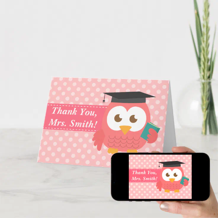 Thank You Teacher, Teacher Owl, Pink Polka Dots Card | Zazzle