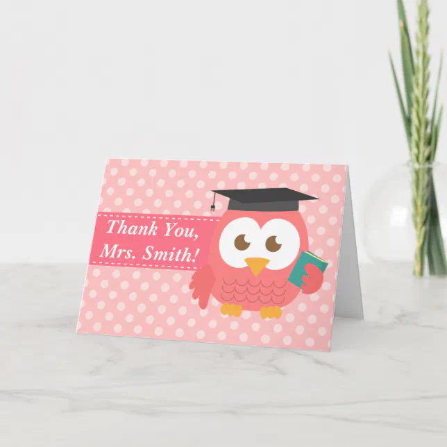 Thank You Teacher, Teacher Owl, Pink Polka Dots Card | Zazzle