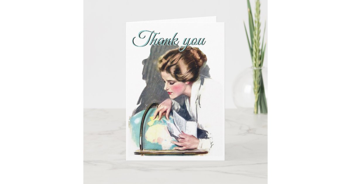 Thank You Teacher Vintage Lady Globe History Geo Card | Zazzle