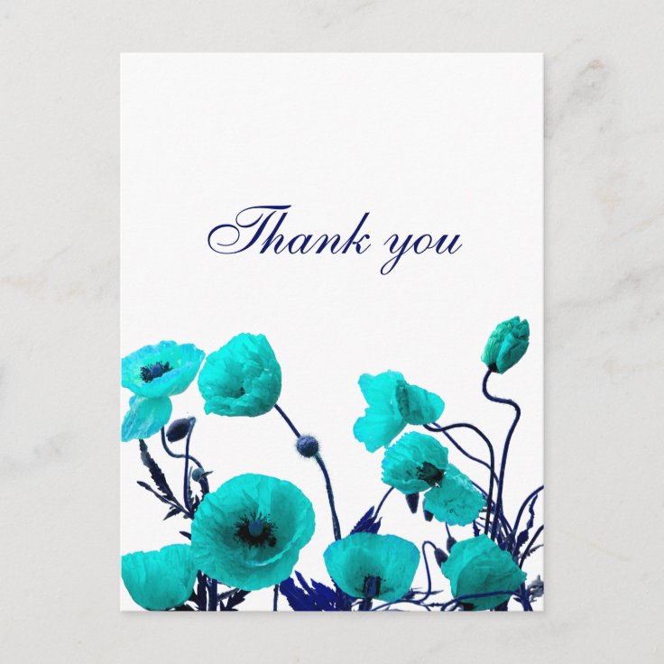 Thank You Turquoise Blue Poppy Floral Art Custom Postcard | Zazzle