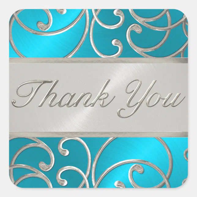 Thank You Turquoise Blue Silver Filigree Swirls Square Sticker | Zazzle