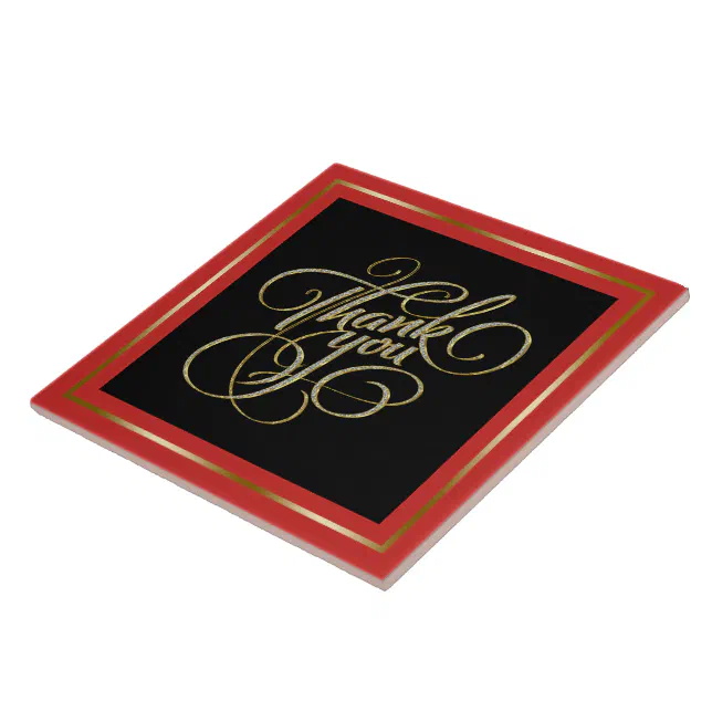 Thank You Typography Black & Red Frame Ceramic Tile | Zazzle