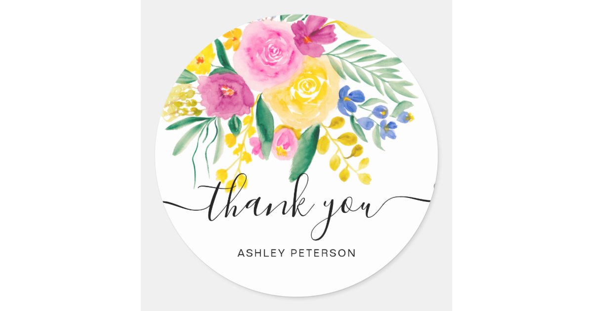 Thank you typography country floral watercolor classic round sticker ...