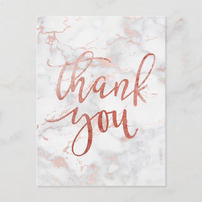 thank you typography on grey pink marble postcard | Zazzle