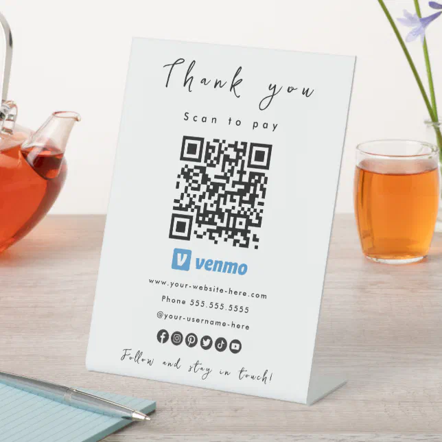 Thank You Venmo QR Code Scan to Pay White Pedestal Sign | Zazzle