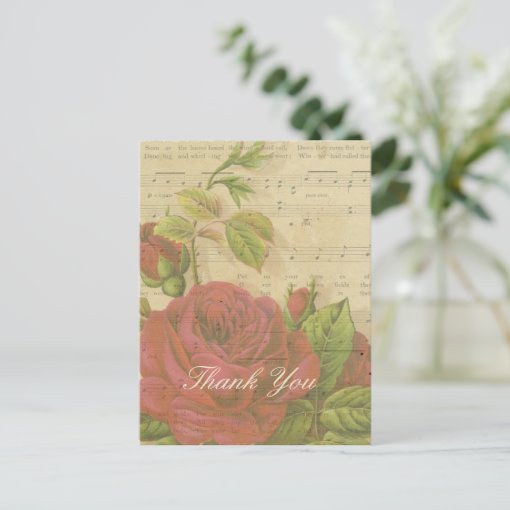 Thank You Vintage Red Roses Floral Music Sheet Postcard | Zazzle