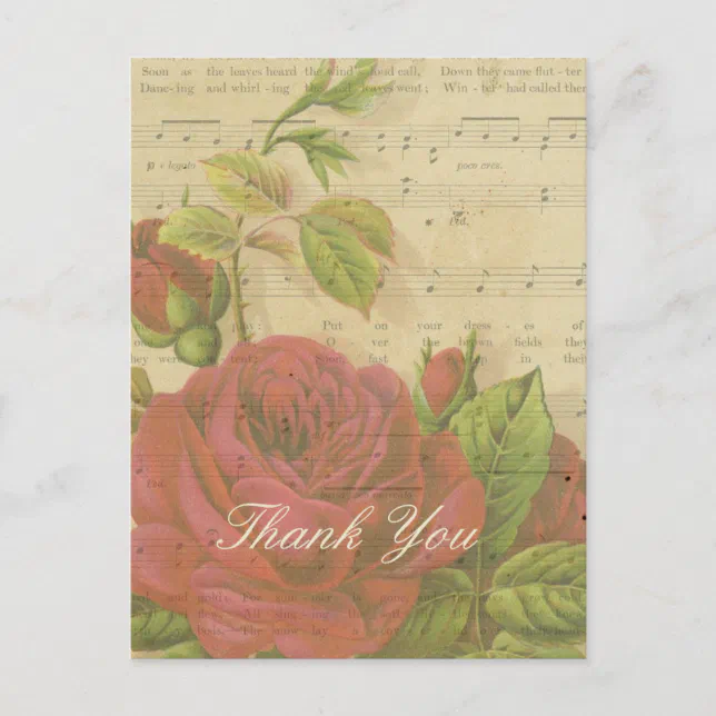 Thank You Vintage Red Roses Floral Music Sheet Postcard | Zazzle