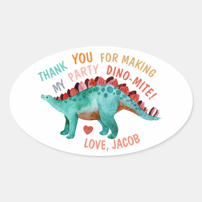 Thank You Watercolor Dinosaur Party Oval Sticker | Zazzle