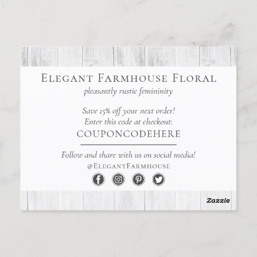Thank You Watercolor Floral & Rustic Wood Coupon Postcard | Zazzle