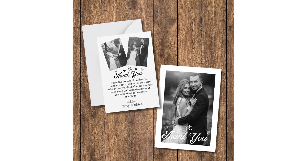 thank you wedding black and white 3 photos note card | Zazzle