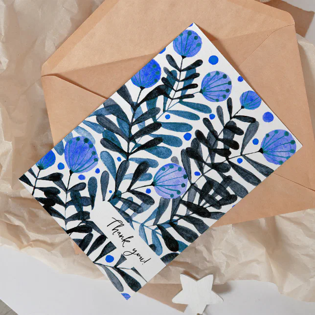 Thank you Whimsical blue flowers and foliage Card | Zazzle