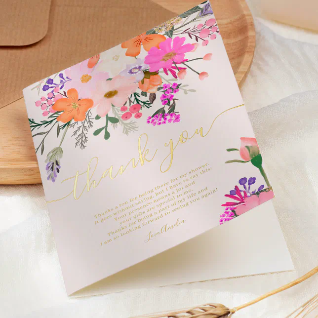 Thank you wild flowers pastel spring shower foil greeting card | Zazzle