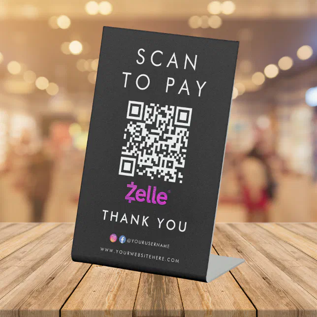 Thank you Zelle Modern Scan to Pay QR Code Black Pedestal Sign | Zazzle