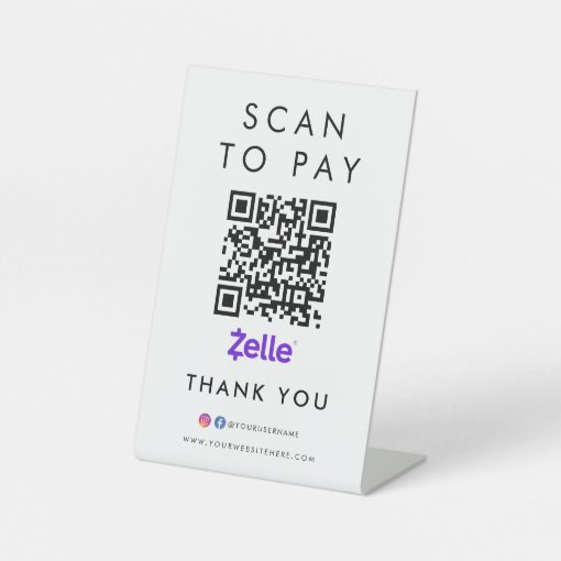 Thank you Zelle Modern Scan to Pay QR Code White Pedestal Sign | Zazzle
